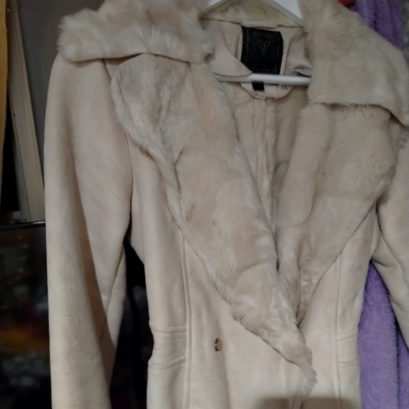 Guess | Jackets & Coats | Guess Suede Cream Color Jacket With Fur ...